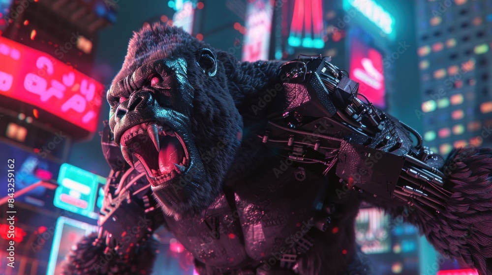 Cyber gorilla robot rampages in cyberpunk city, AI generated image ...