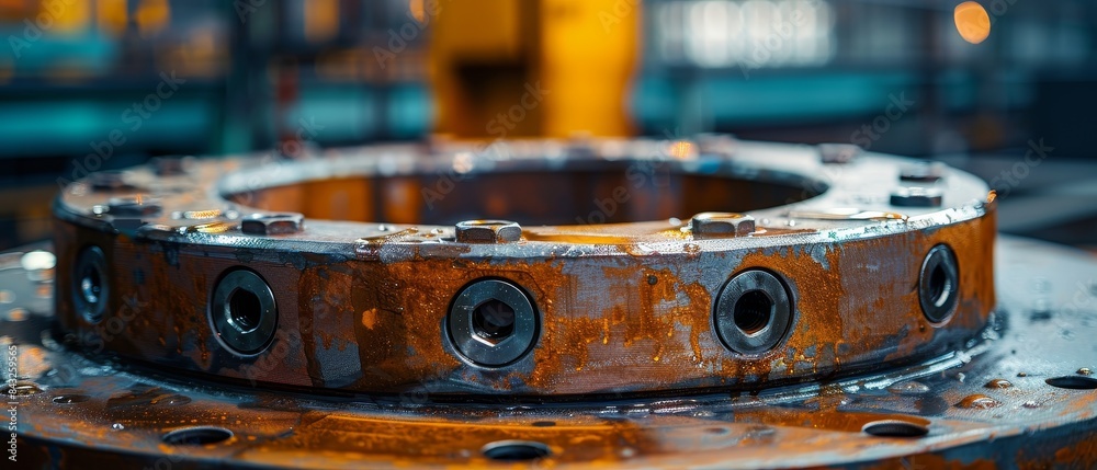 Detailed view of a flange with visible welding seams, capturing the raw ...