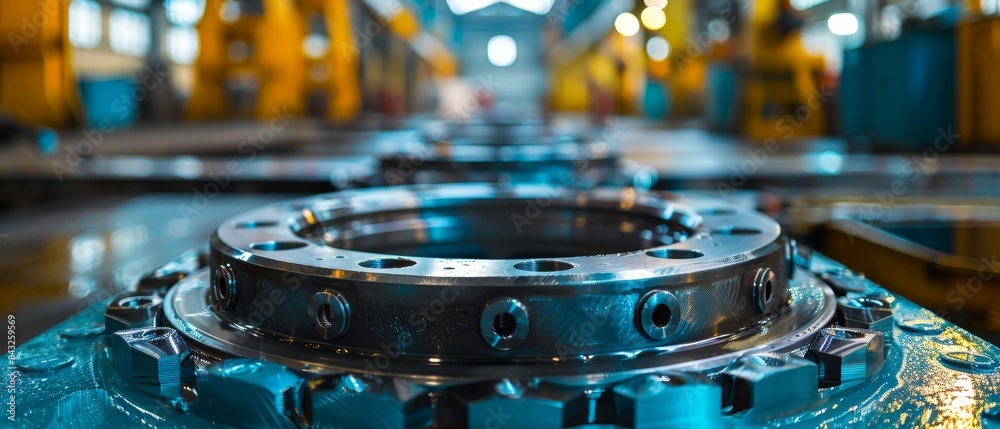 Detailed view of a flange with visible welding seams, capturing the raw ...