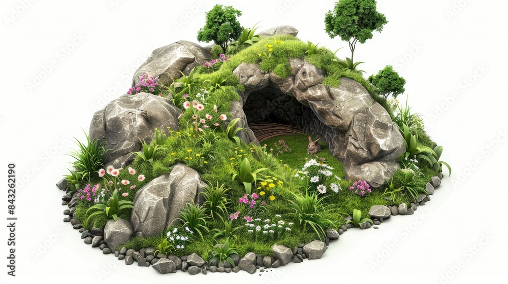Tranquil Isometric Landscape with Rabbit Burrow Cross-Section on White ...