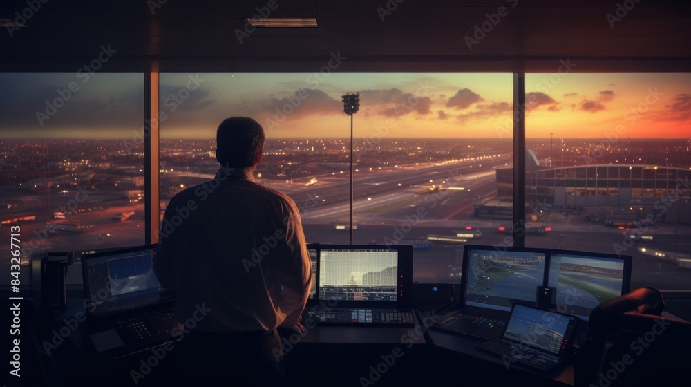 workplace of an air traffic controller. Airport Dispatch Tower interior ...