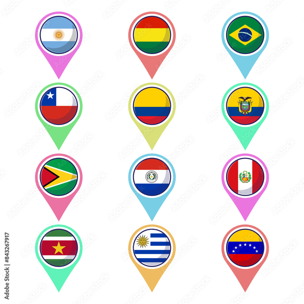 South american continent flags. Flat vector map element design, travel ...