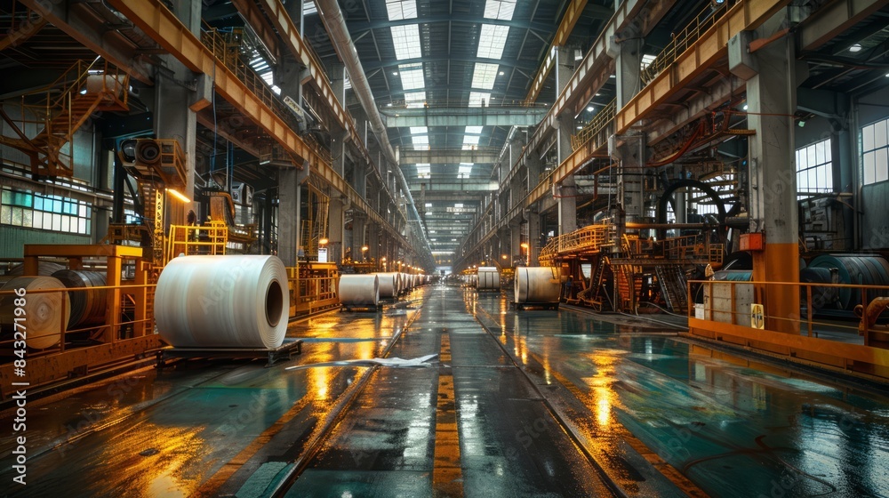 Paper mill with huge rolls of paper being processed, illustrating the ...