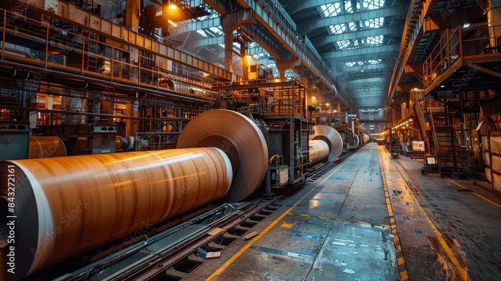 Paper mill with huge rolls of paper being processed, illustrating the ...