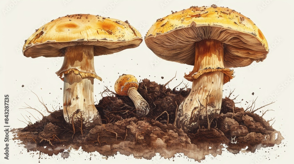 Mycological illustration of mushrooms in soil, detailed anatomy ...