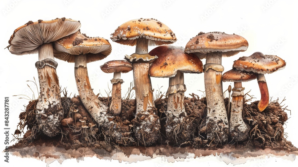 Mycological illustration of mushrooms in soil, detailed anatomy ...