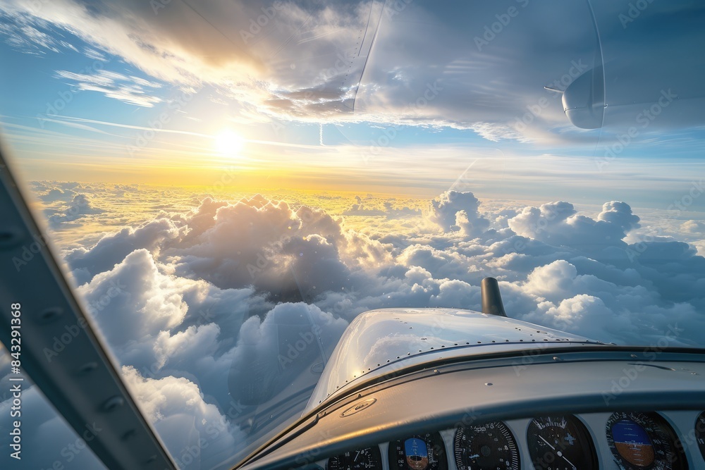 A pilot is view from the cockpit and control panel of an airplane ...