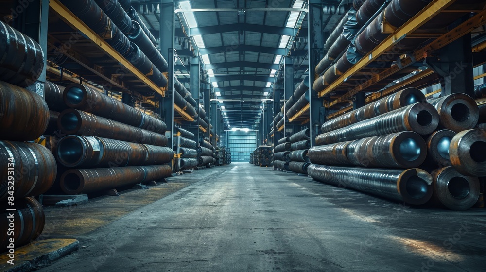 Industrial warehouse, rows of stacked steel round bars, orderly ...