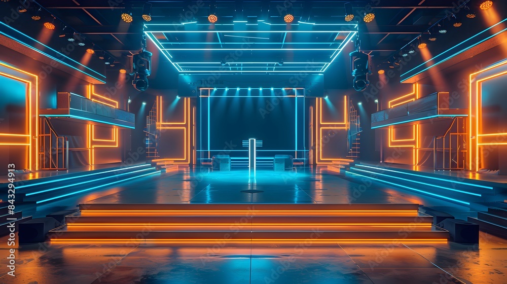 TV game show, with stage lighting and blue neon lights in orange and ...