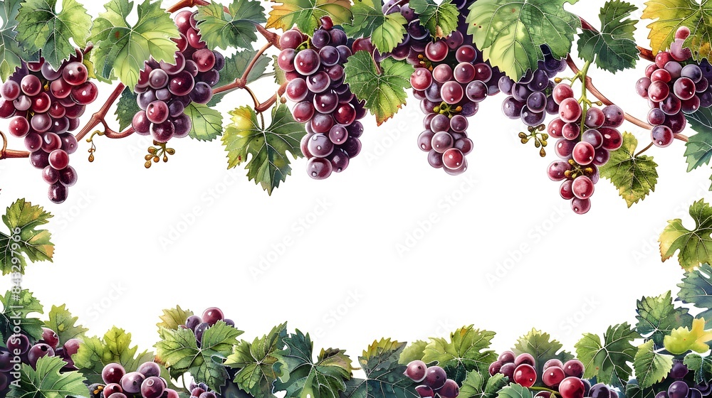 Fresh, vibrant grapevine border with lush green leaves and clusters of ...