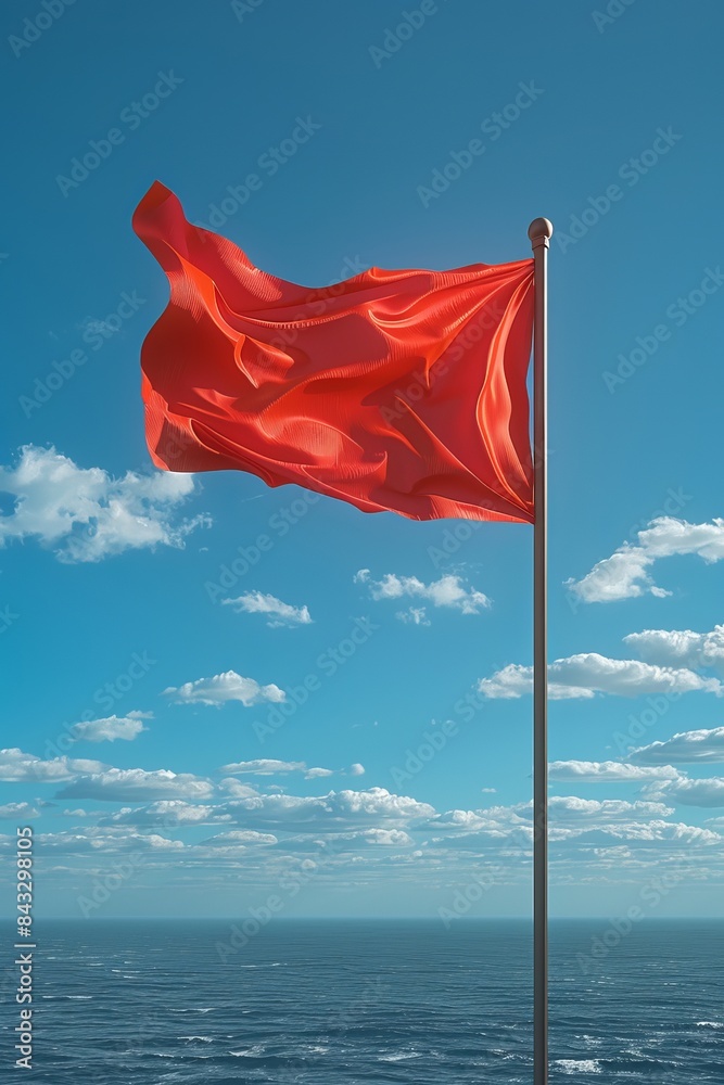 Bright red flag waving on a pole against a clear blue sky with a sea ...