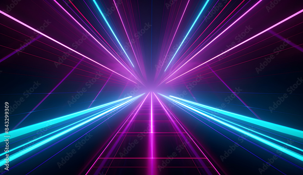 Vibrant neon laser beams radiating from the center of an empty dark ...