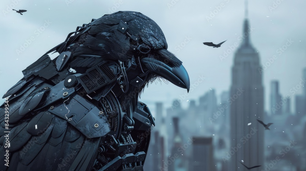 Dark robotic crow equipped with advanced combat gear, standing ...