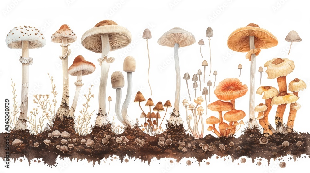 Detailed illustration of mushroom lifecycle in soil, from spore ...