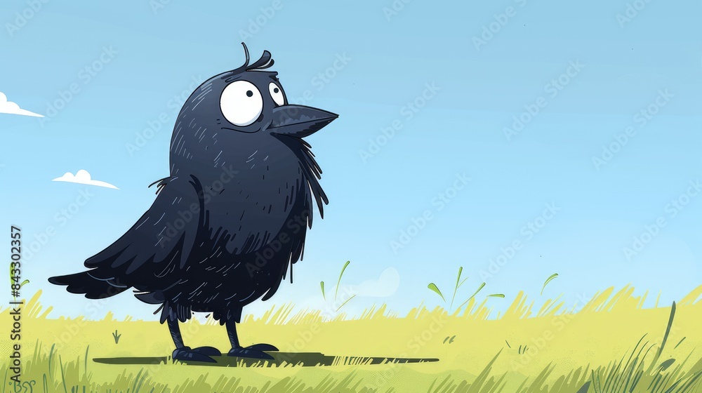 Cartoon black crow with a mischievous grin, standing on a grassy field ...