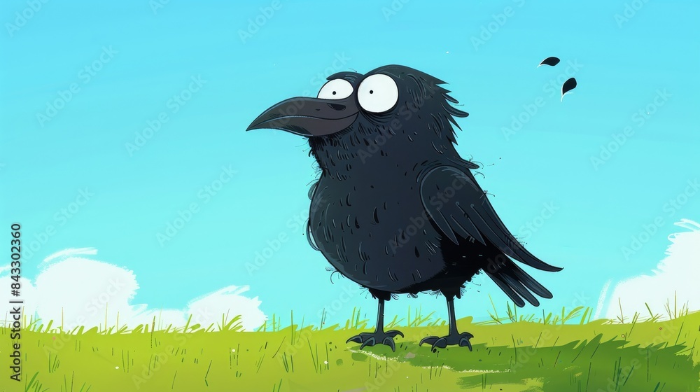 Cartoon black crow with a mischievous grin, standing on a grassy field ...
