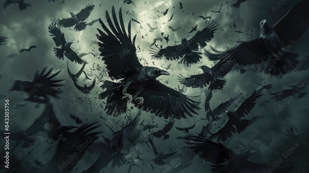 Swarm of ominous black crows with sharp talons and piercing eyes, circling under a dark and ...