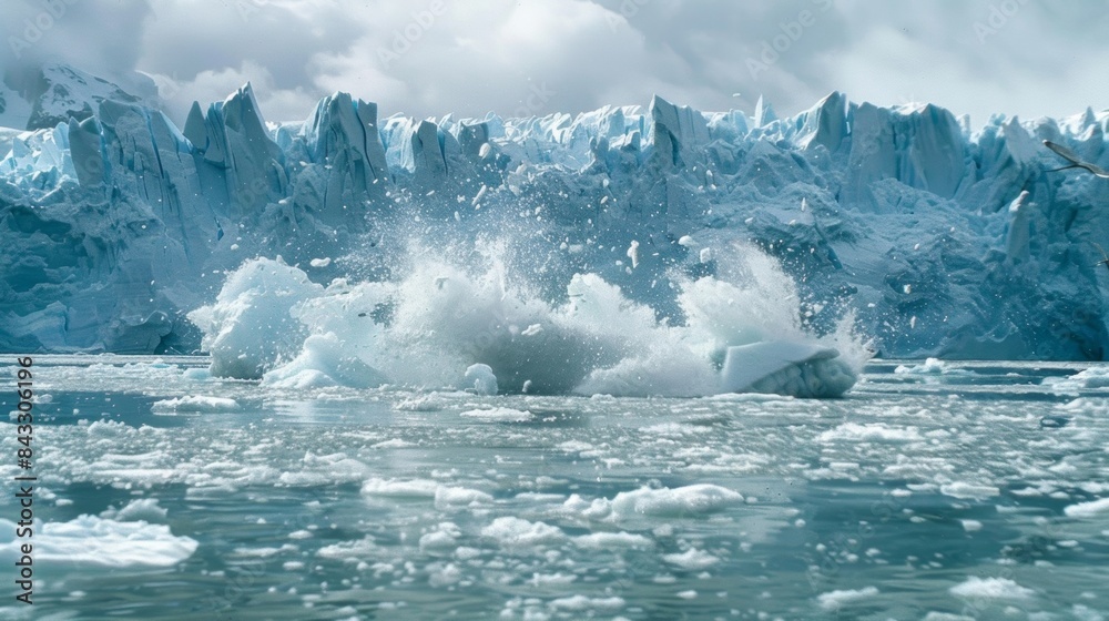 Debris from the calving iceberg floats in the water creating a hazard for passing ships. Stock ...
