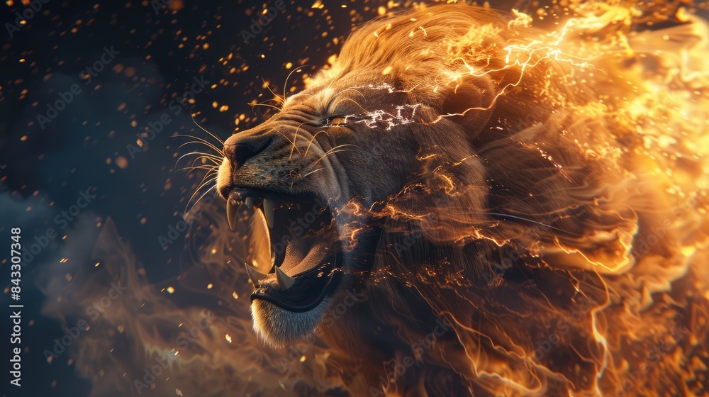 Animated lion with a commanding presence, roaring with energy waves ...