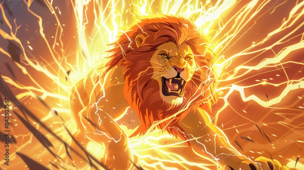 Cartoon lion in a dynamic pose, surrounded by a bright, electrifying ...