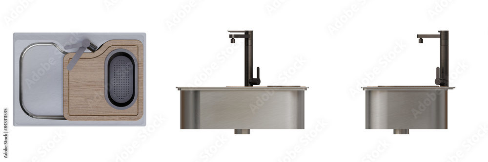 Kitchen Sink with Faucet - Top View, Front View, Side View. Isolated ...