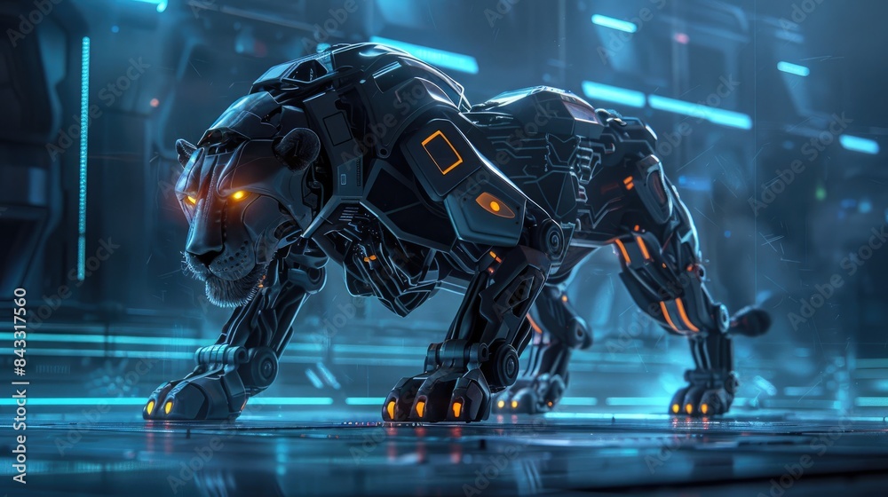 Sleek robotic lion with glowing eyes and state-of-the-art weaponry ...