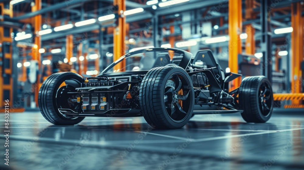 Prototype of an electric sports car chassis with exposed battery packs ...