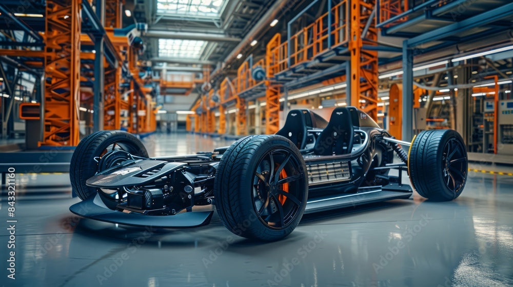 Prototype of an electric sports car chassis with exposed battery packs ...