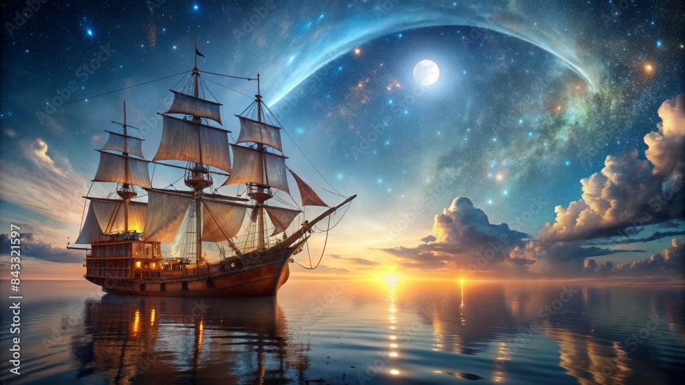 A dramatic 3d rendering of a majestic wooden ship sailing through calm ...
