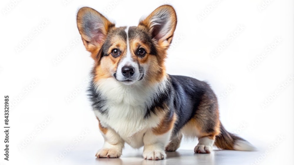 Adorable short-tailed corgi with fluffy tri-colored fur, standing ...