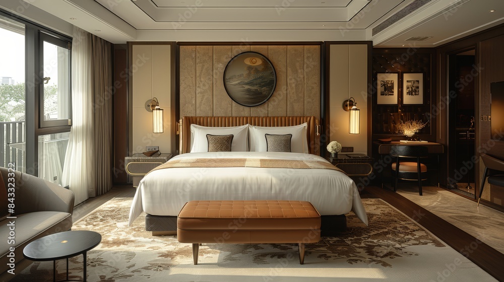 3D visualization of a hotel room: stylish and cozy design, harmonious ...