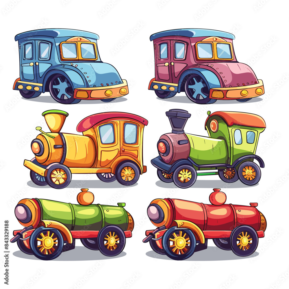 4 cute pastel color toy train icons, vector illustration, white ...