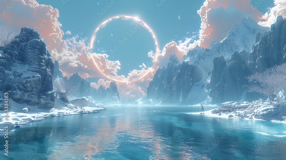 Mystical azure ring above crystal-clear waters with snowy mountain caps ...