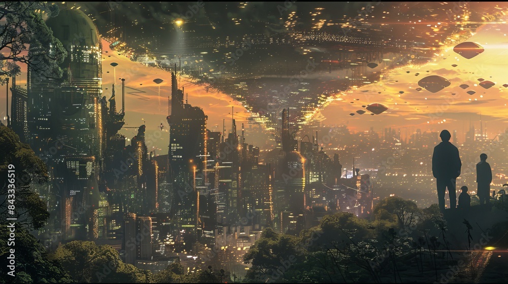 Alien-occupied capital, cityscape with alien drones flying ...