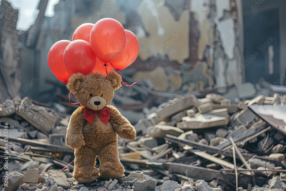 Teddy bear toy with balloons amidst a city destroyed by war, natural ...