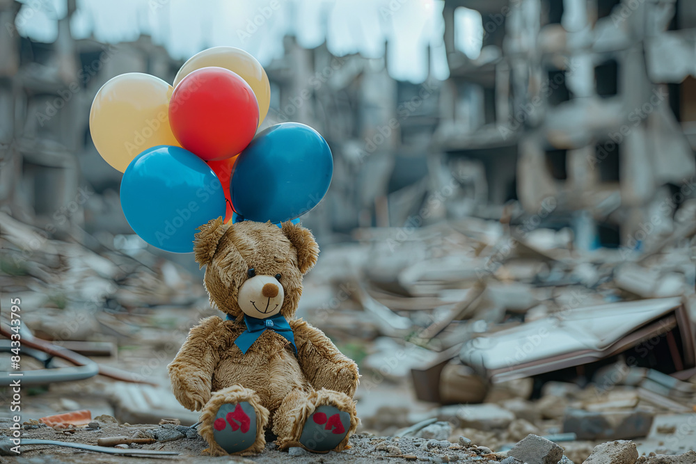 Teddy bear toy with balloons amidst a city destroyed by war, natural ...