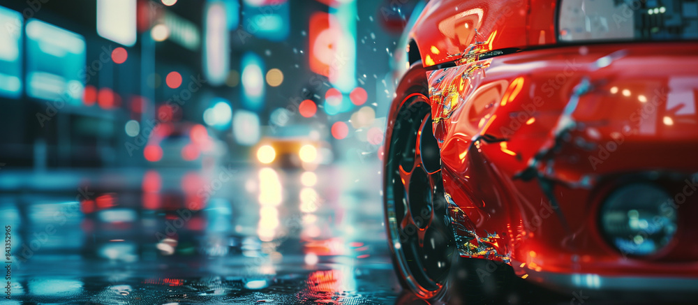 car accident during night with damaged bumper with urban city street on ...