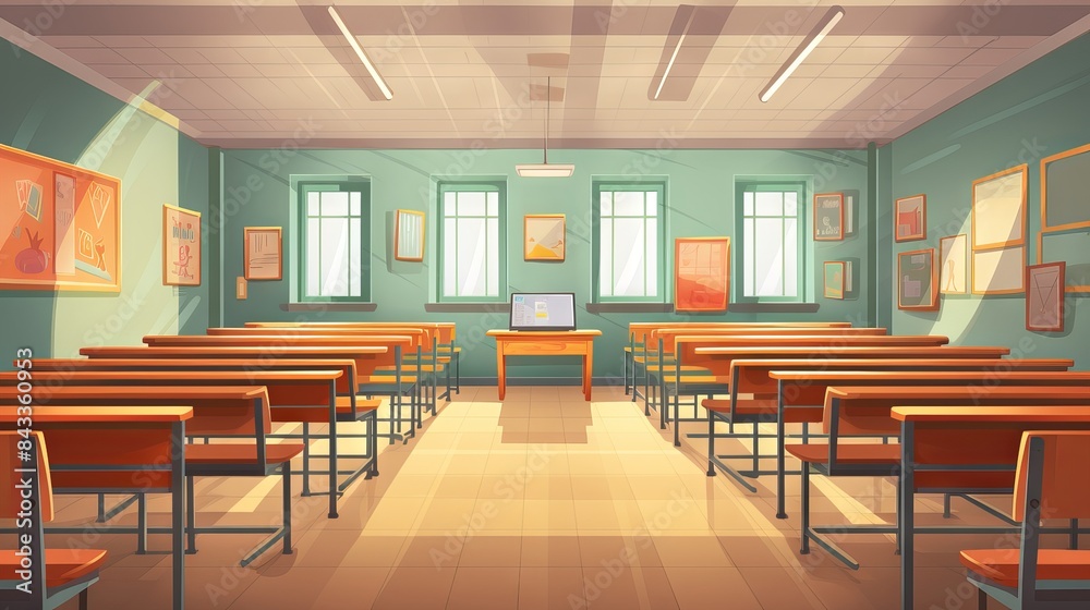 Vector cartoon background of an empty classroom interior with furniture ...