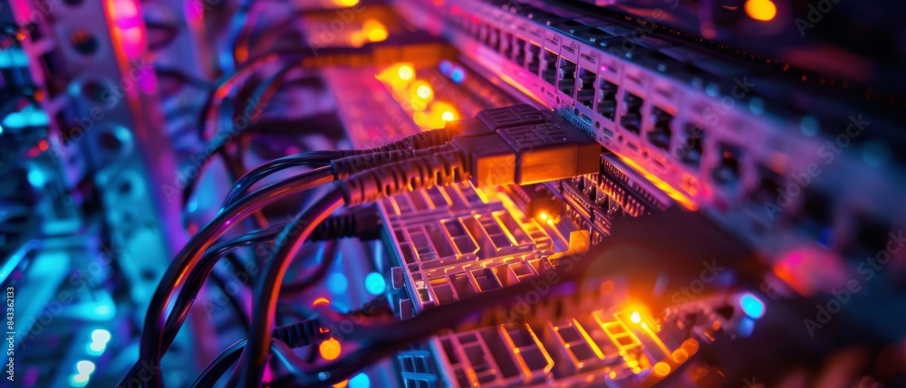Server room. Closeup of a server rack with blinking lights and cables. Stock Illustration ...