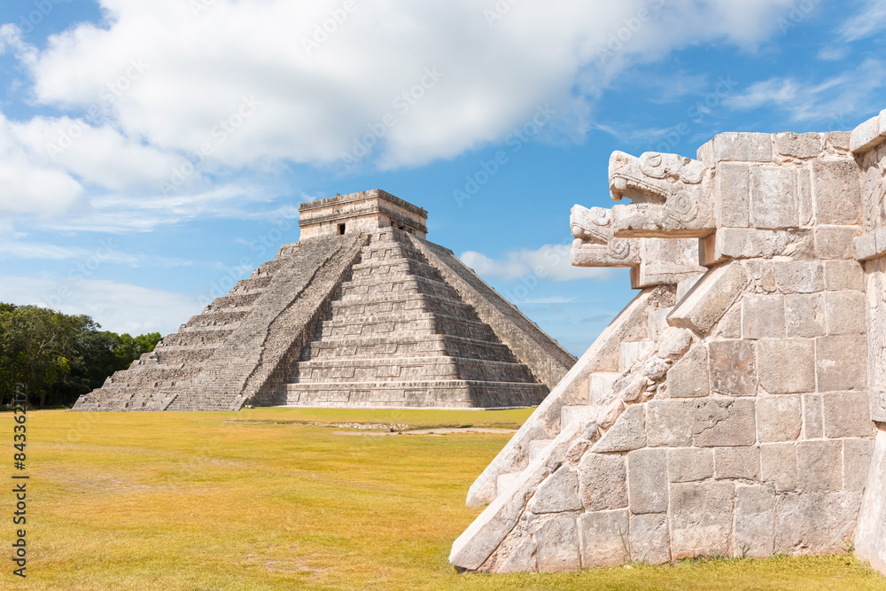 Two large snake heads carved from stone at the ancient Mayan ruins at ...