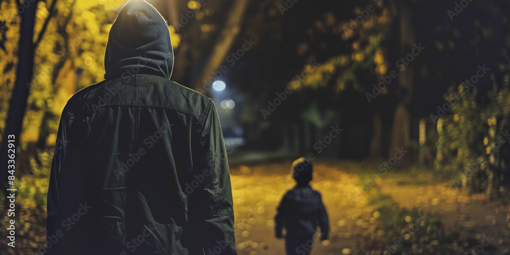 Sexual assault crime, stalking concept. Back of man in hood following child kid in dark park ...