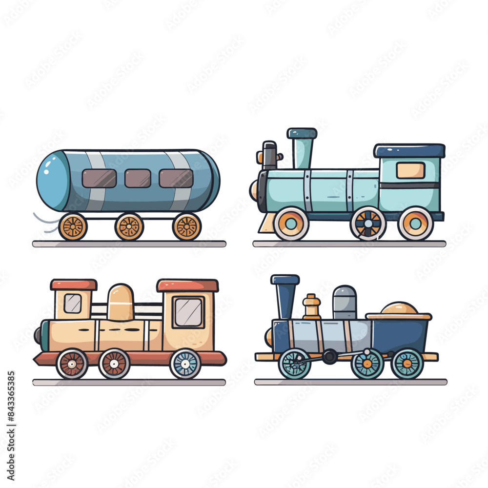 cartoon vector style flat color drawing of four different train toys ...