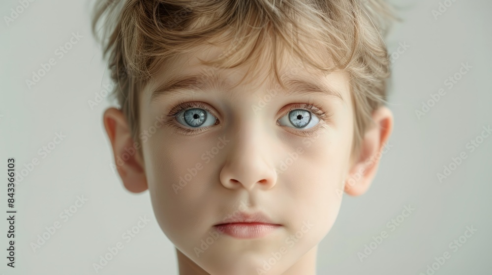 Cute young child with prominent protruding ears on a light background ...