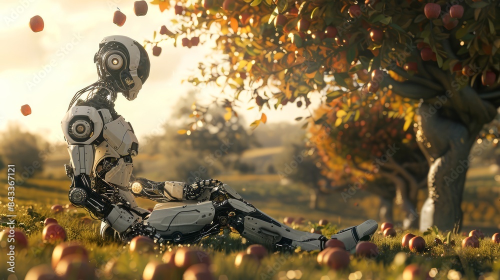 Sir Isaac Newton's Theory of Gravity, with a robot sitting under an ...