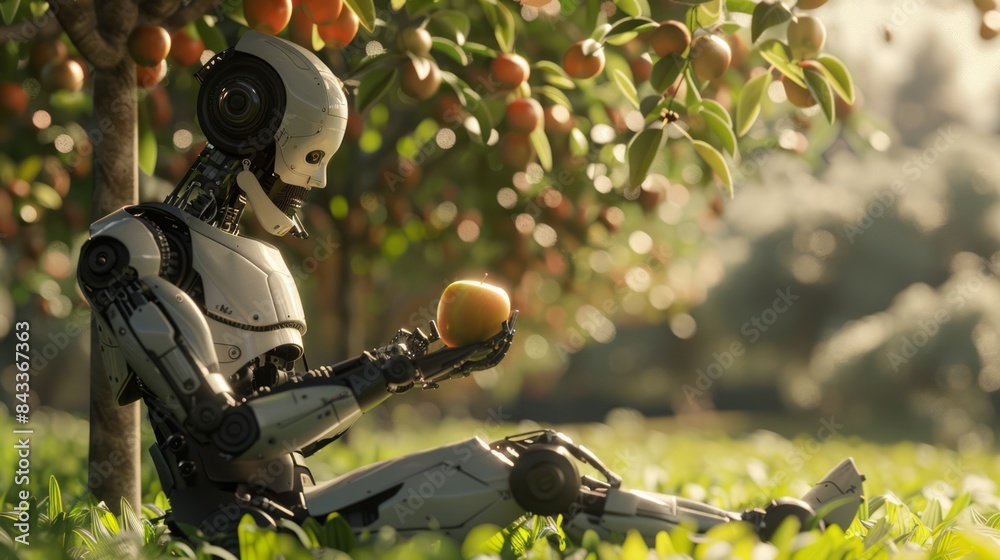 Sir Isaac Newton's Theory of Gravity, with a robot sitting under an ...