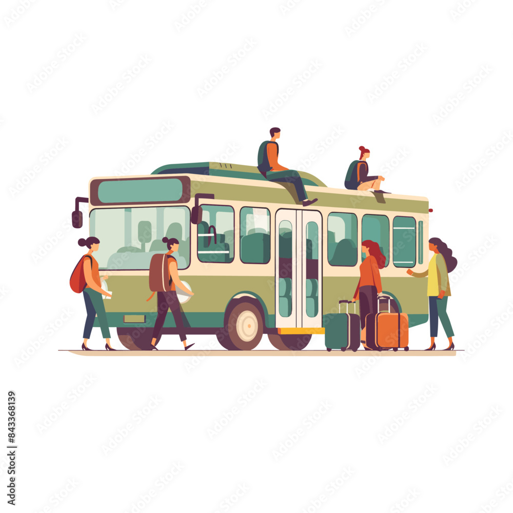 Flat style illustration, people getting on and off the bus with luggage ...