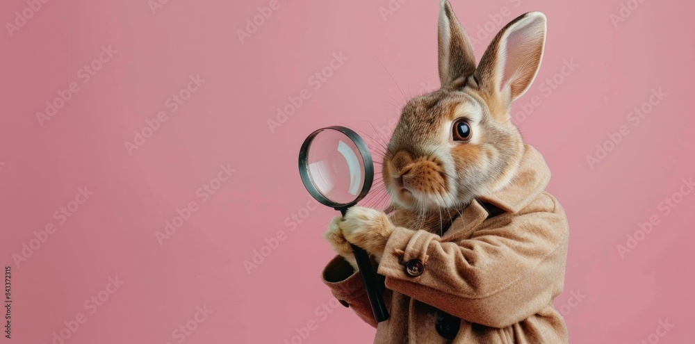 Curious rabbit investigating the pink background with a magnifying ...