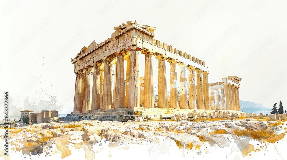 Watercolor painting of the Parthenon in Athens showcasing ancient Greek ...