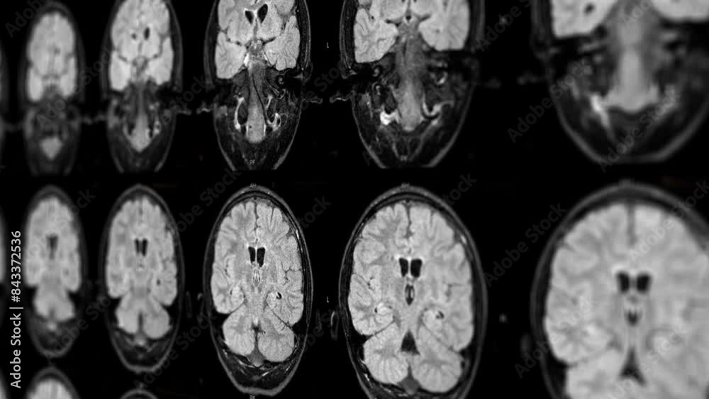 A series of brain scans are shown in a blue background. The scans are ...