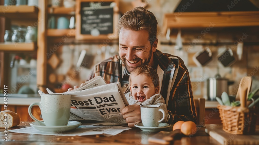 Cozy Family Breakfast with Father and Child, Father Reading a Best Dad ...